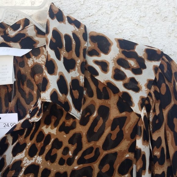 H&M | Tops | Leopard Print Button Up Blouse With Puff Sleeves | Poshmark
